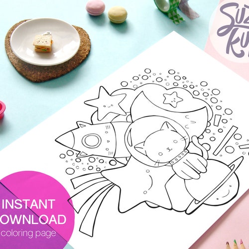 Cute Cat Printable Coloring Page Printable Outer Space - Etsy
