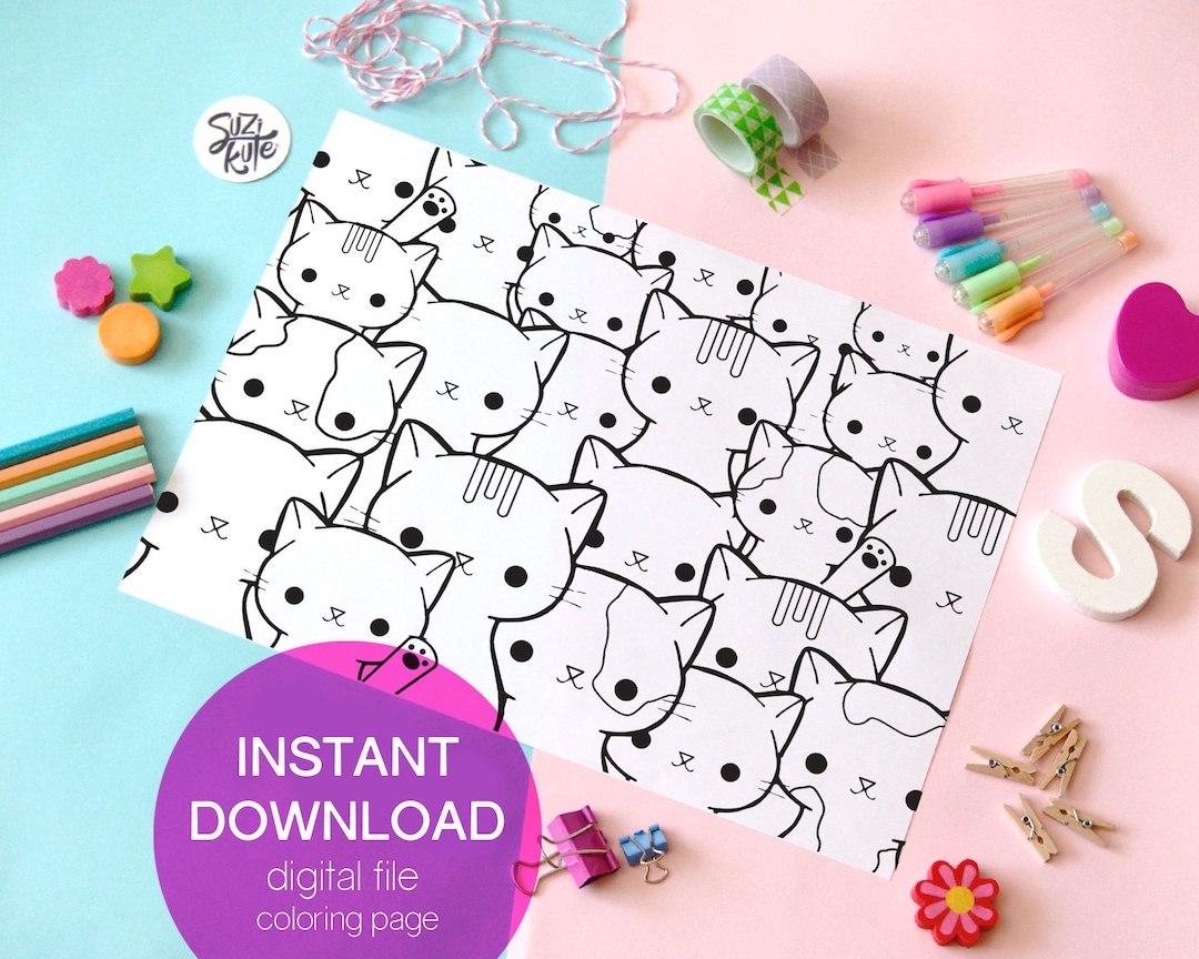 Kawaii Cat Printable Coloring Page, Cute Cat Doodle Coloring Page ...
