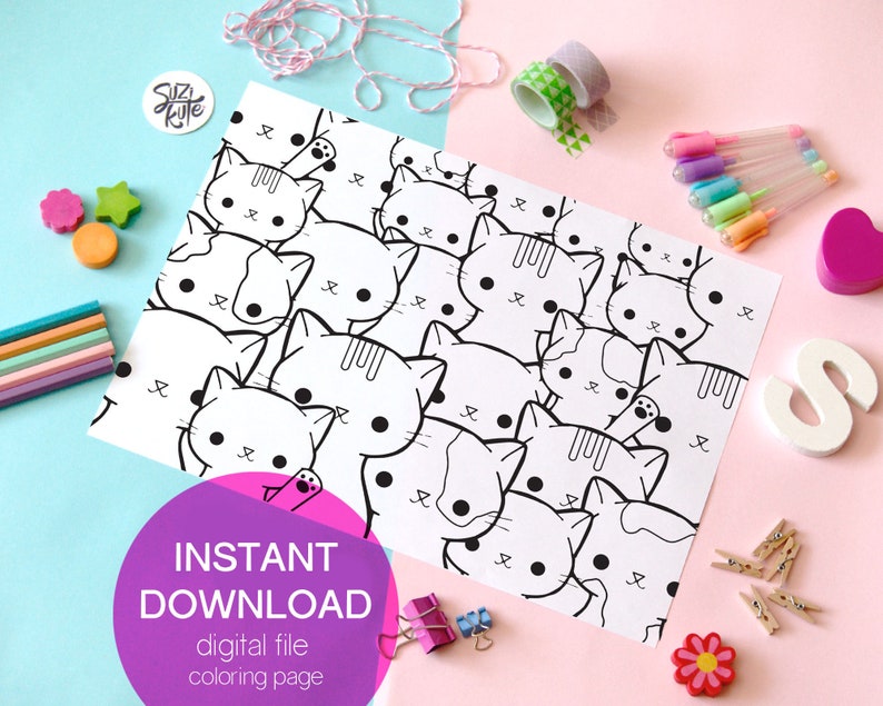 Kawaii Cat Printable Coloring Page, Cute Cat Doodle Coloring Page ...