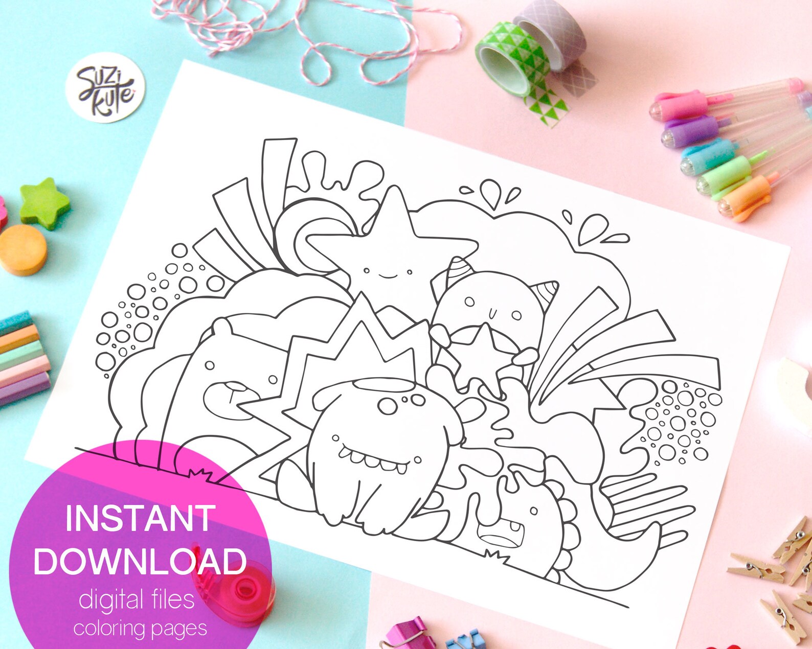 Cute Monster Printable Coloring Page for Kids Kawaii Monster | Etsy