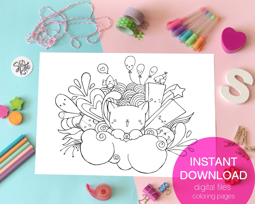 Cute Cat Printable Coloring Page, Kawaii Cat Doodle Coloring Sheet ...