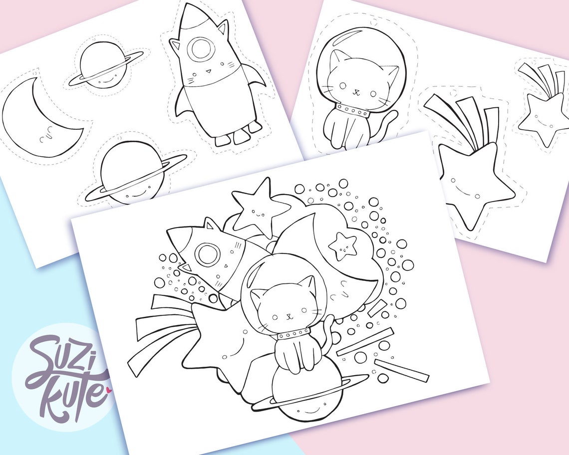 Cute Cat Printable Coloring Page Printable Outer Space - Etsy