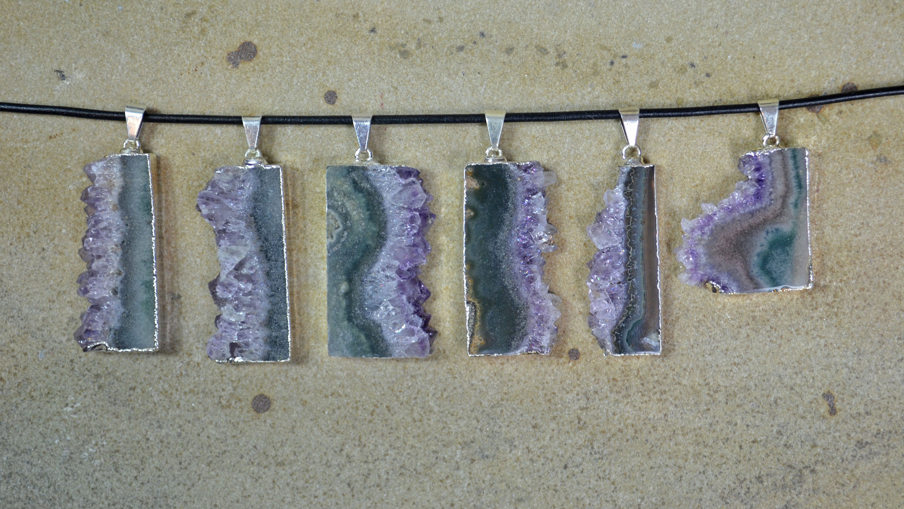 SALE! Large Rectangular Amethyst Stalactite Slice Pendant, on Leather ...