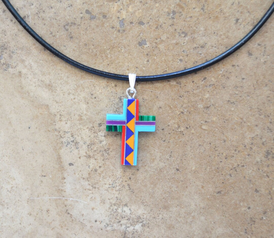 Multi Inlay Cross Pendant Necklace: Zuni Style, Sterling Silver ...
