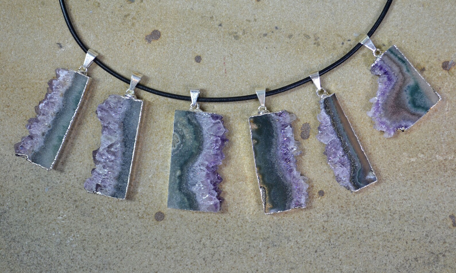 SALE! Large Rectangular Amethyst Stalactite Slice Pendant, on Leather ...