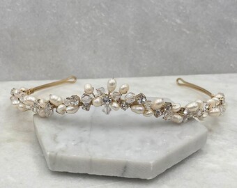 Antique Gold, Ivory Freshwater Pearl & Diamante Leaf Wedding Tiara Leaf ...