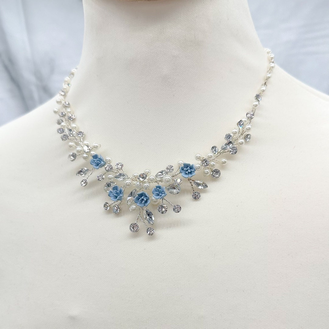 Powder Blue Flower, Pearl & Crystal Jewellery Set Light Blue Flower ...
