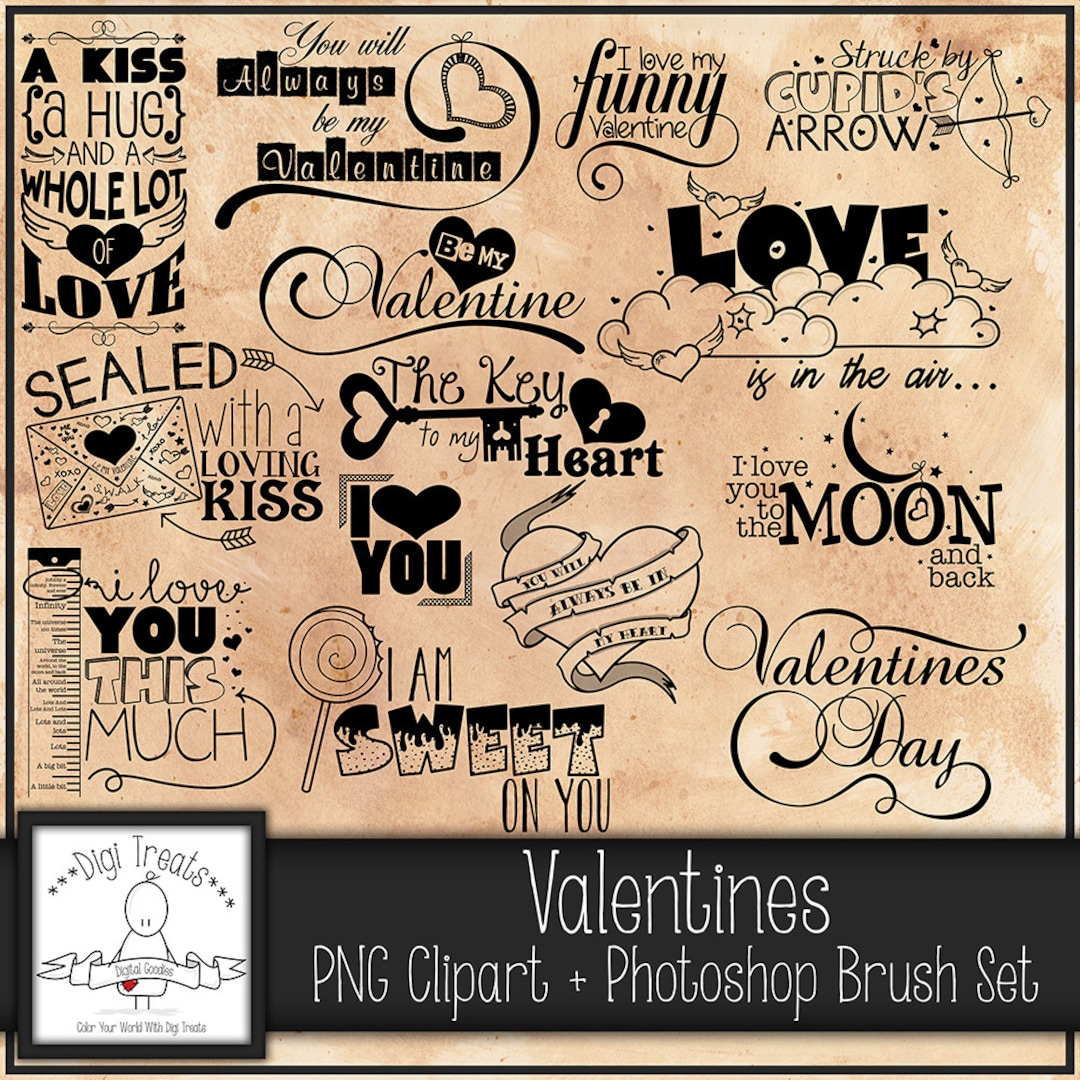 Valentines Word Art PNG Clip Art Photoshop Brush Set, Love Phrases ...