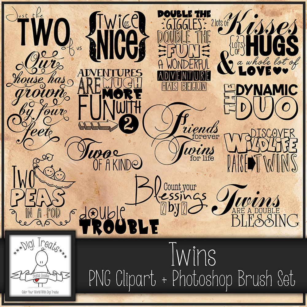 Twins Word Art (PNG Clip Art) + Photoshop Brush Set, Digital ...