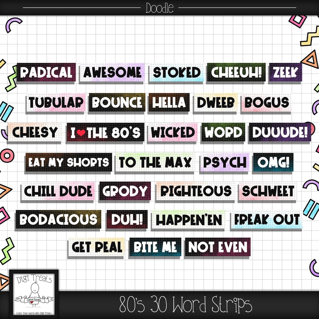 80's Doodle, 30 Digital PNG Word Strips Add On. INSTANT DOWNLOAD - Etsy