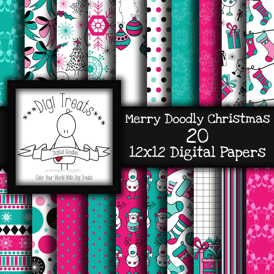 Merry Doodly Christmas Digital Scrapbook Paper 12x12 | Etsy