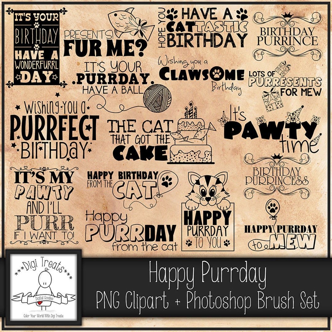 Happy Purr Day Word Art (PNG Clip Art) + Photoshop Brush Set, Cat ...