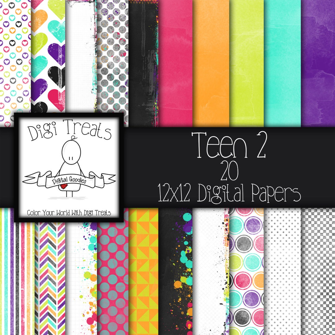 Teen 2 Digital Scrapbook Paper. Scrapbooking Papers, JPEG 12x12, Bright ...