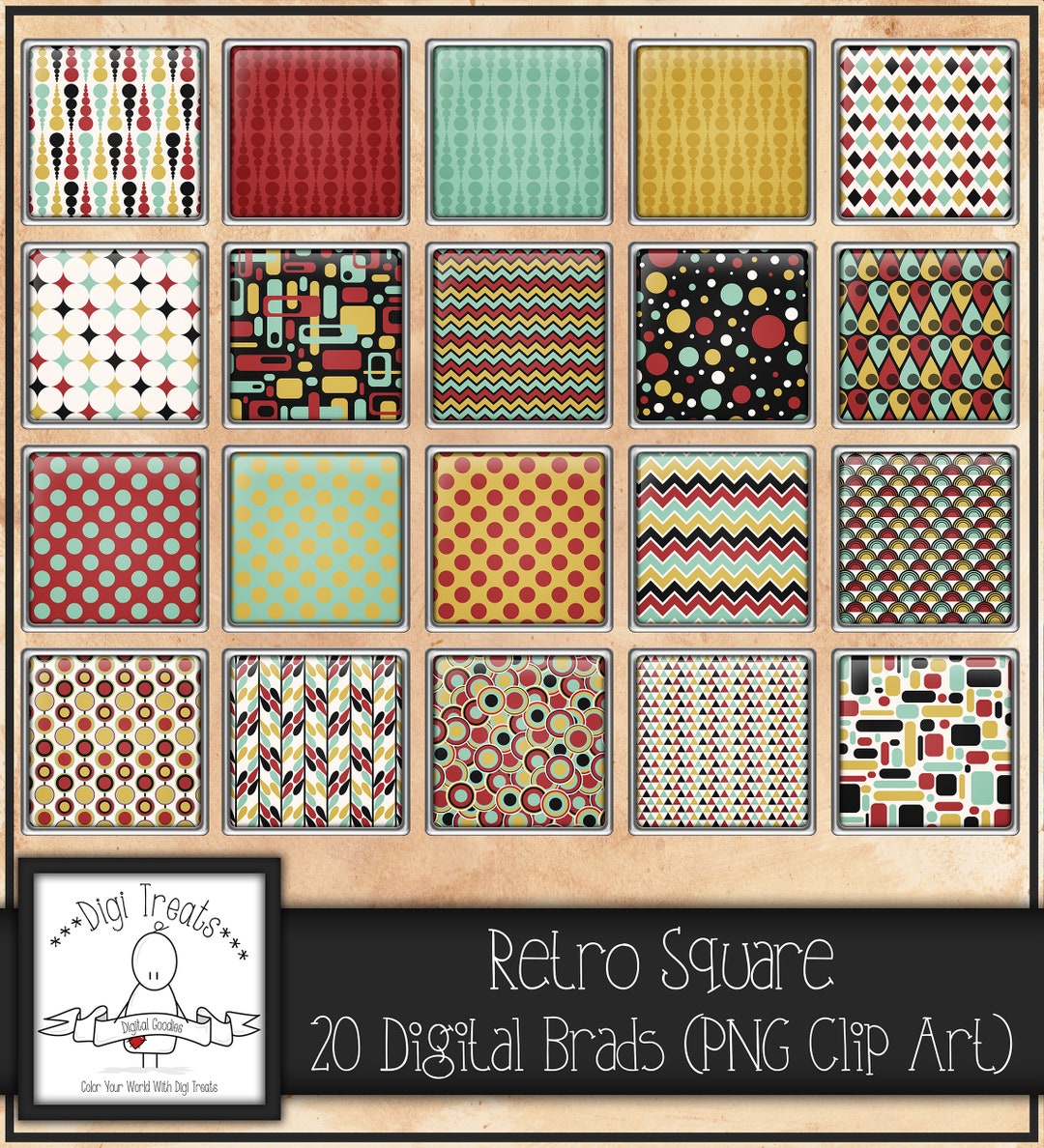 Retro, Digital Square Brads, PNG Clip Art, Scrapbooking, Card Making ...