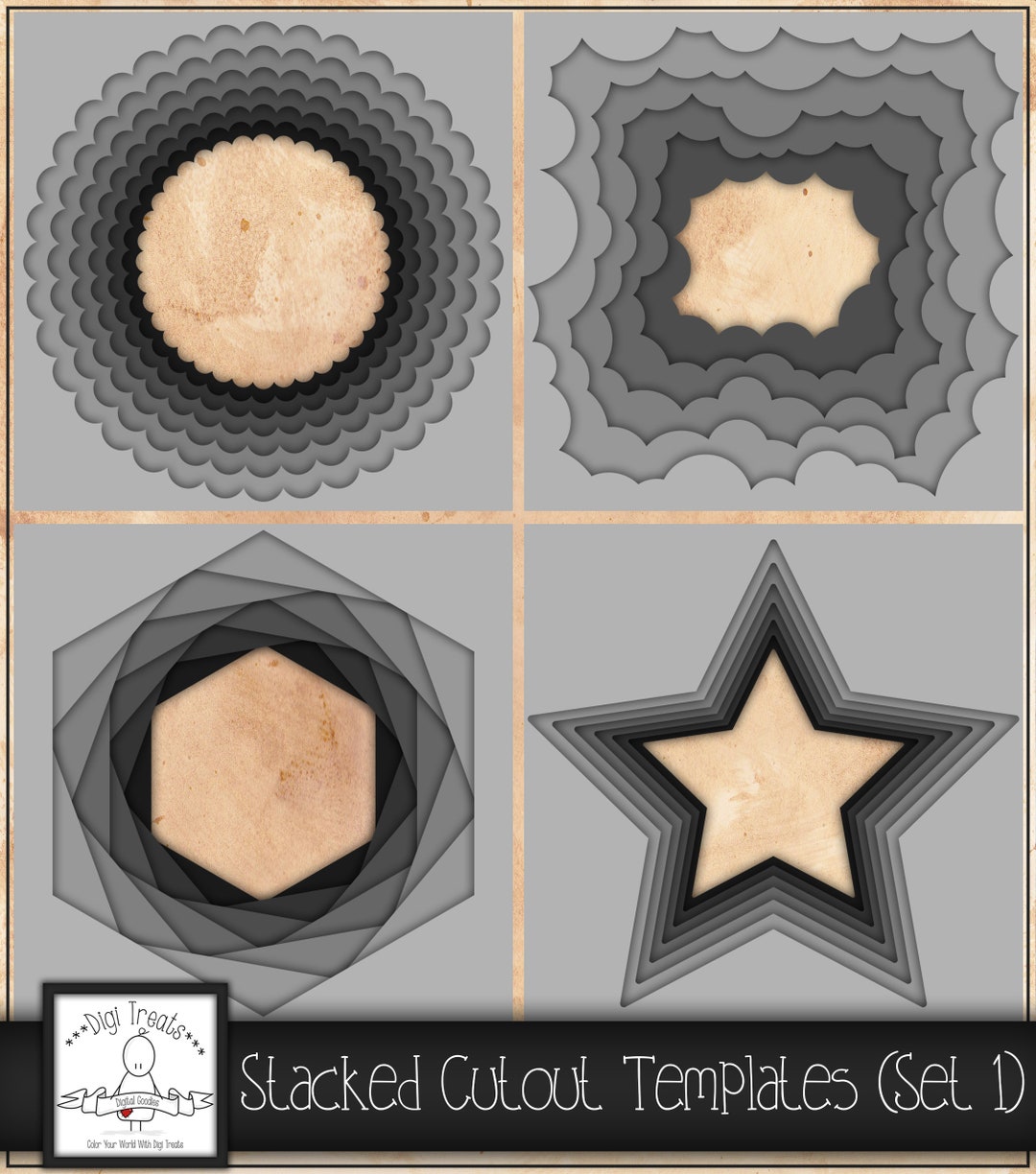 Stacked Cut Out Templates, Set 1. PNG 12X12 Templates. INSTANT DOWNLOAD ...