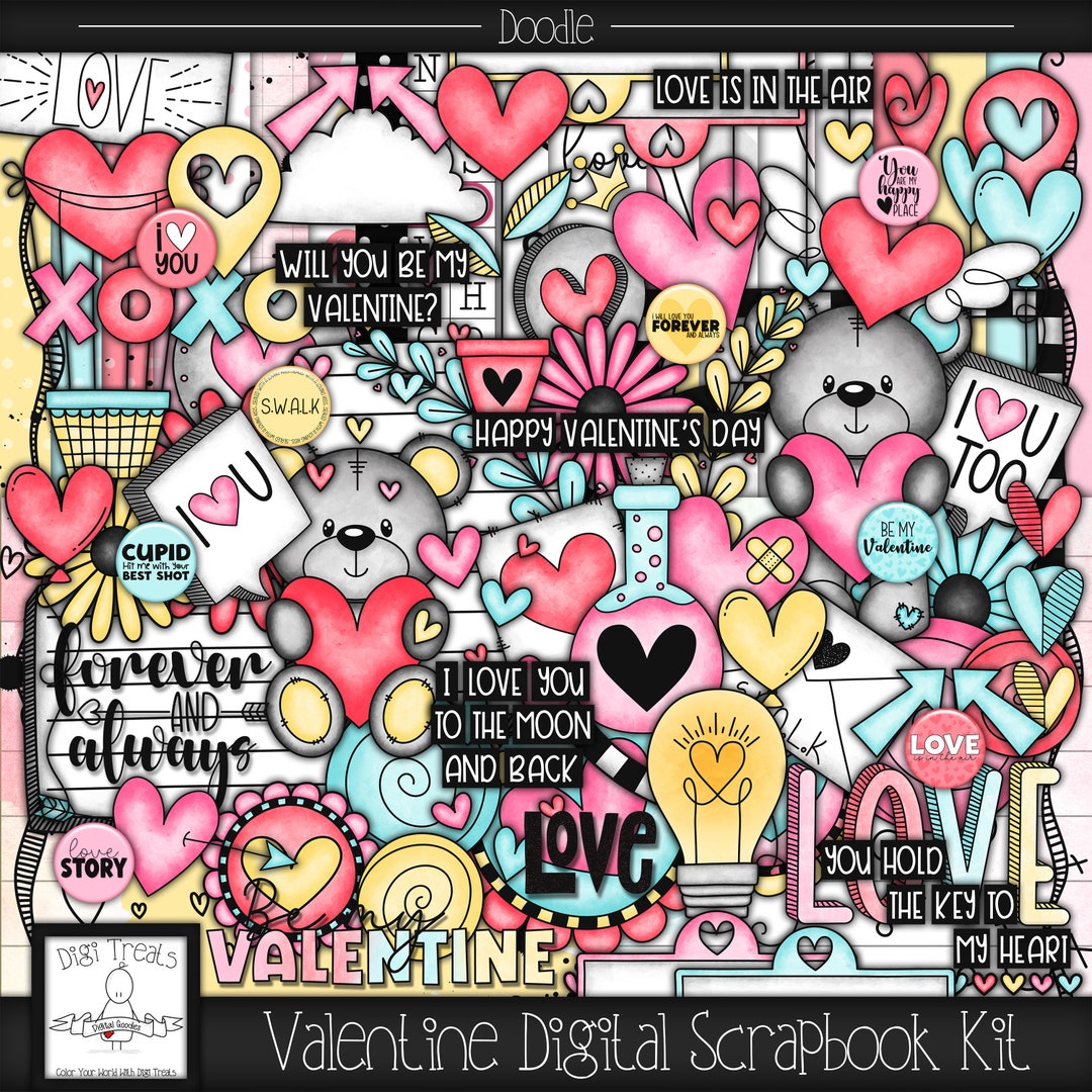 Valentine Digital Scrapbook Kit. Love Themed Doodle Scrapbook Kit ...