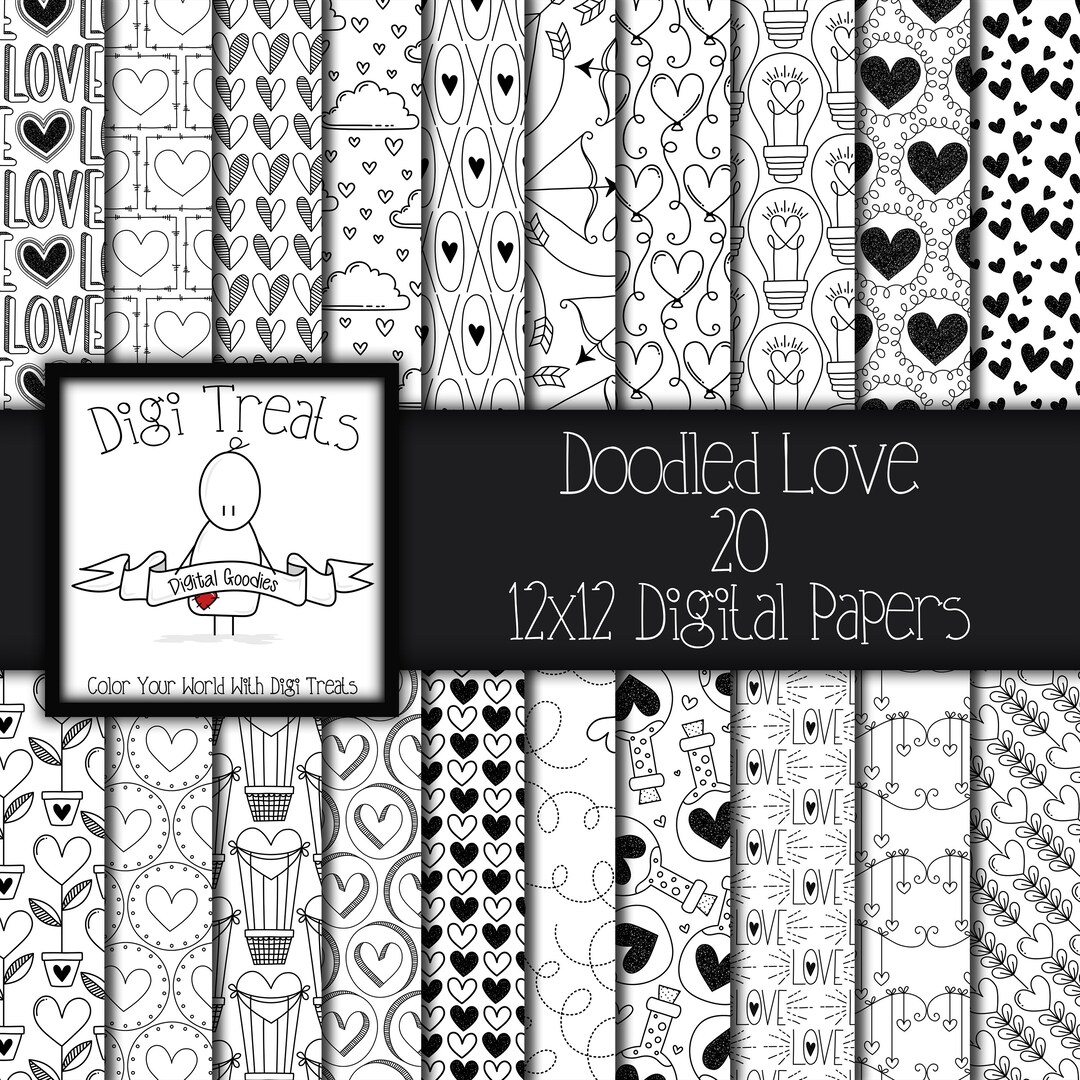 Doodled Love Digital Scrapbook Paper. Scrapbooking Papers, JPEG 12x12 ...