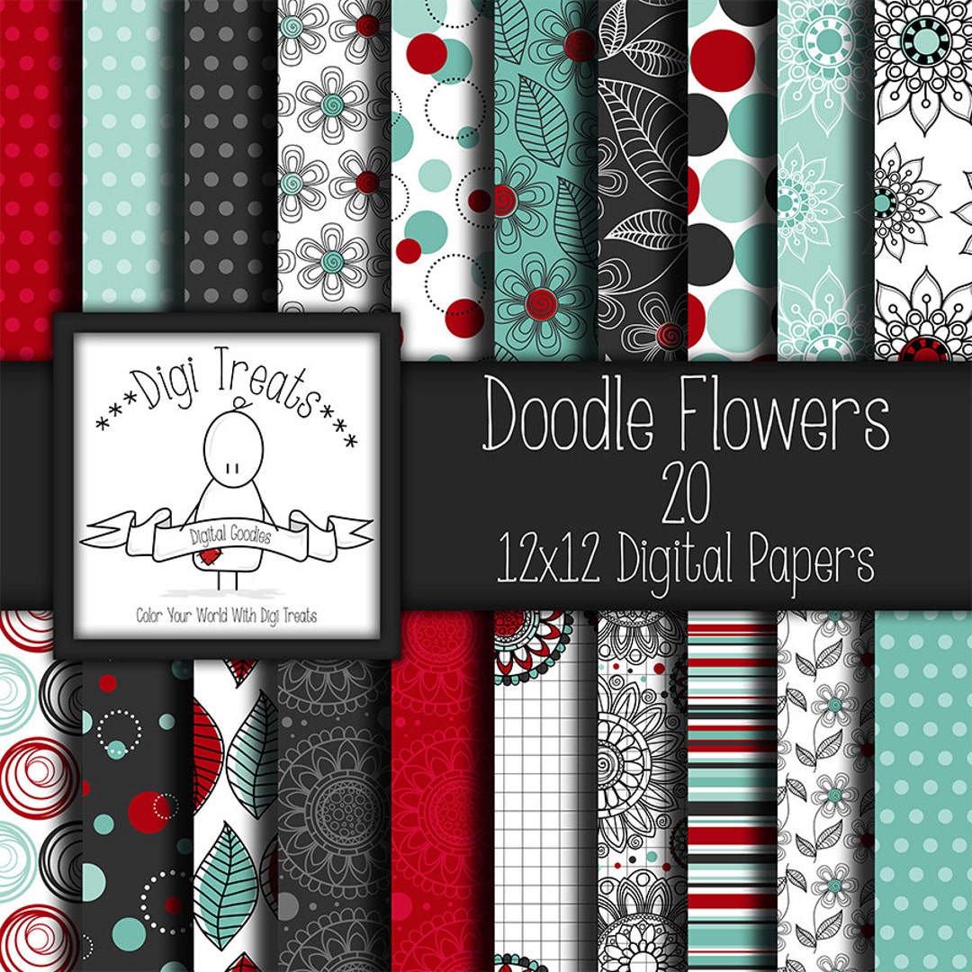 Doodle Flowers, Digital Scrapbook Paper Pack. 12x12 jpeg Digital Papers ...