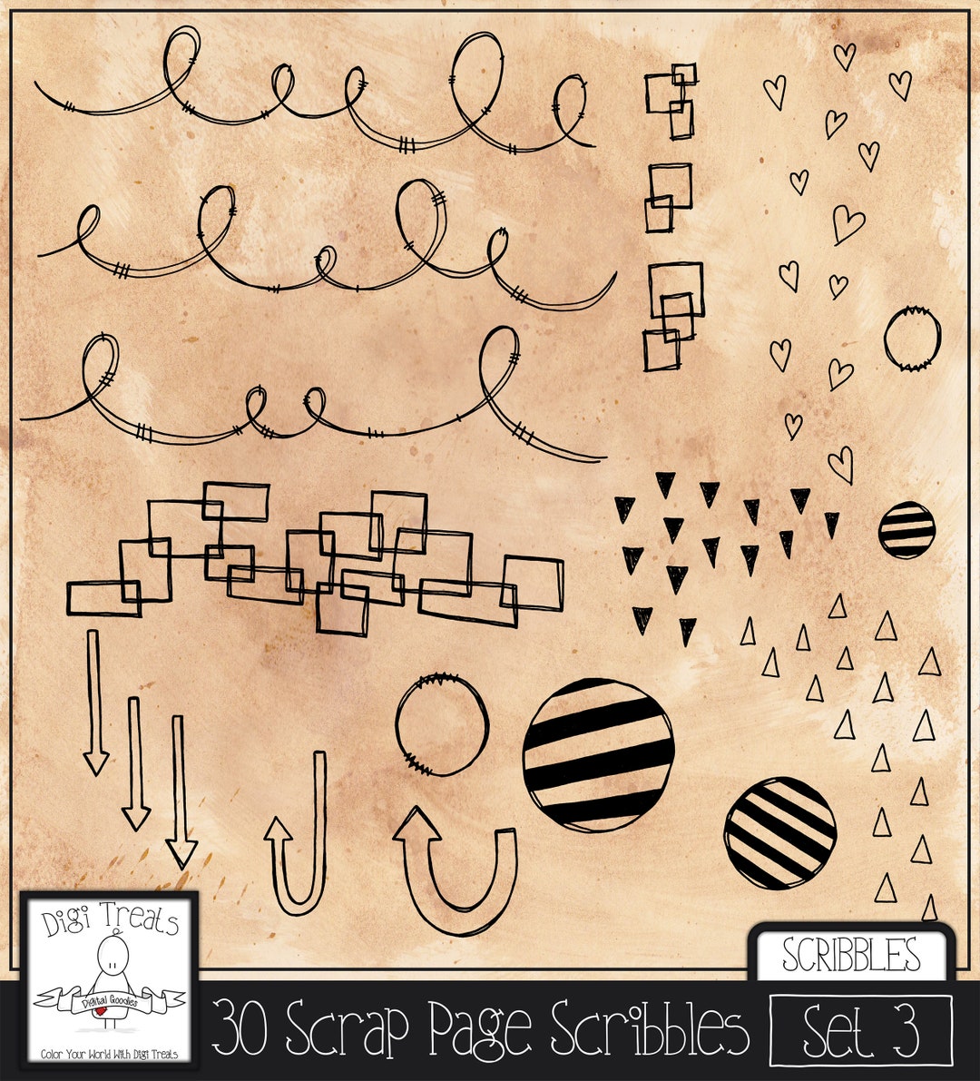 Scrap Page Scribbles Set 3. 30 High Quality, 300dpi, Hand Drawn PNG ...