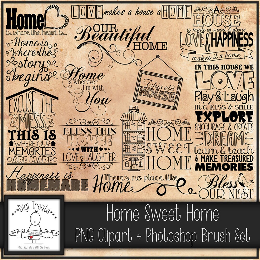 Home Sweet Home Word Art (PNG Clip Art) + Photoshop Brush Set, Home ...