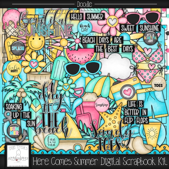 Here Comes Summer Doodle Digital Scrapbook Kit. Summer Theme - Etsy