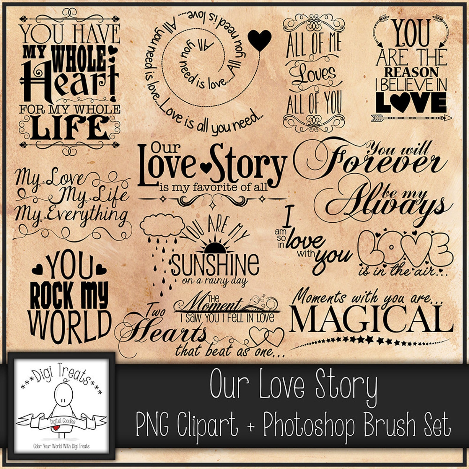 Our Love Story Word Art (PNG Clip Art) + Photoshop Brush Set, Love ...
