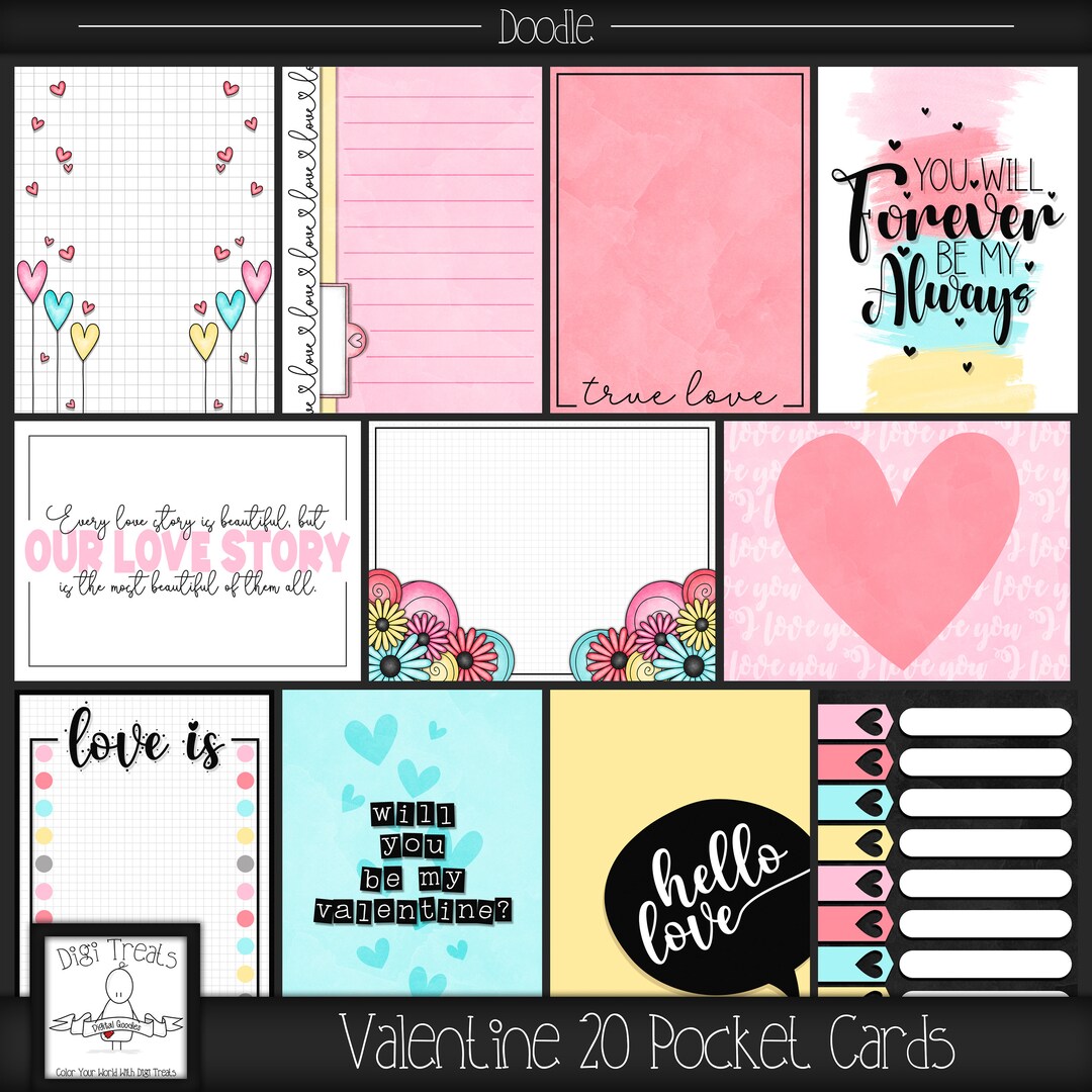 Valentine Digital Pocket Cards. 20 Love Themed Doodle Pocket Cards ...