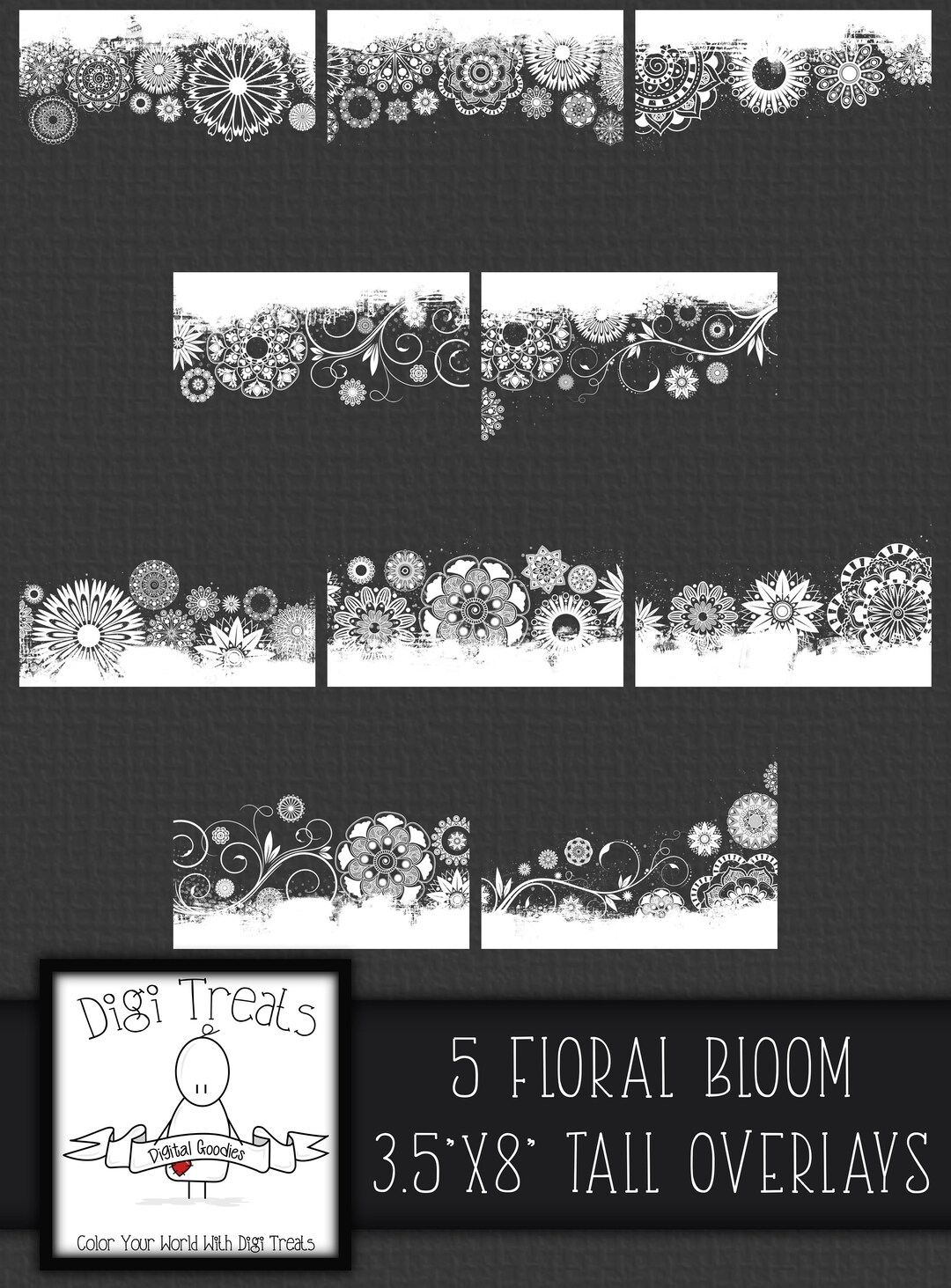 3.5" X 8" Floral Bloom Overlays, 5 Tall Overlays, Floral Borders, Photo ...