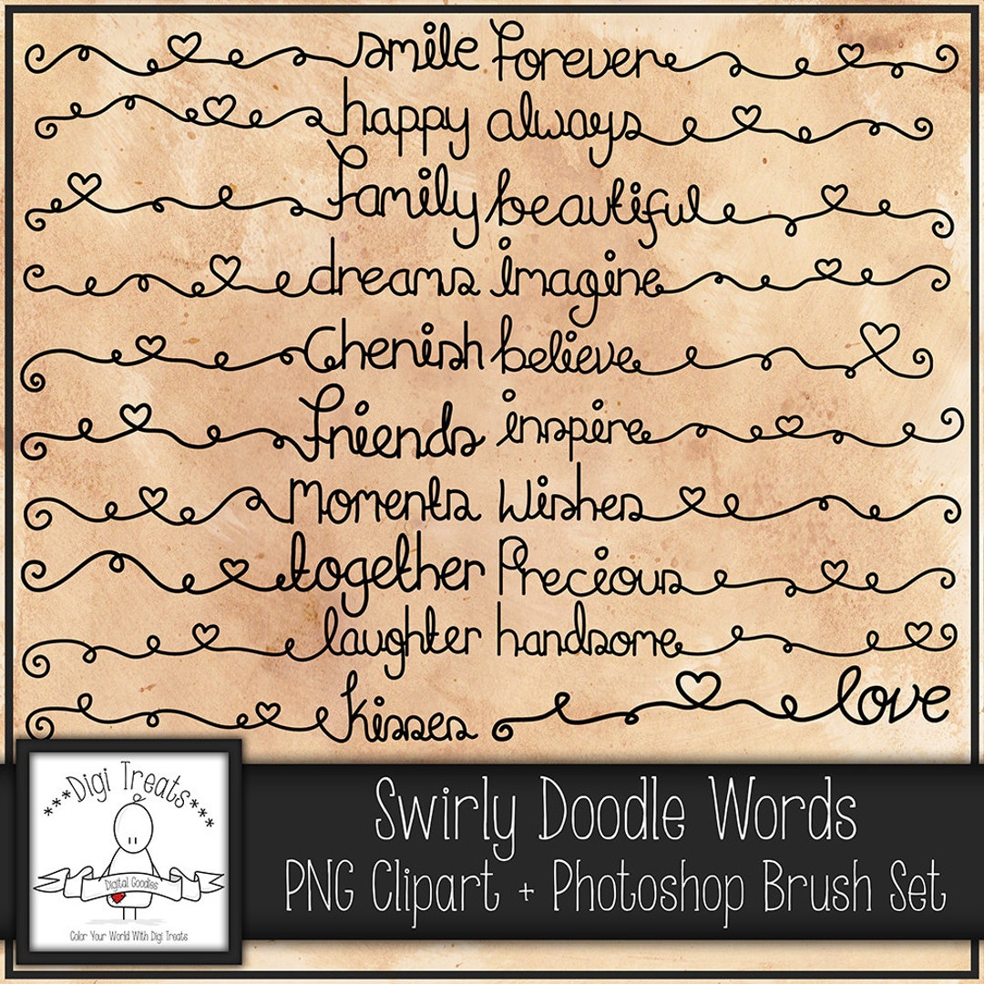 20 Swirly Doodle Words Photoshop Brush Set, PNG Clip Art, Scrapbooking ...