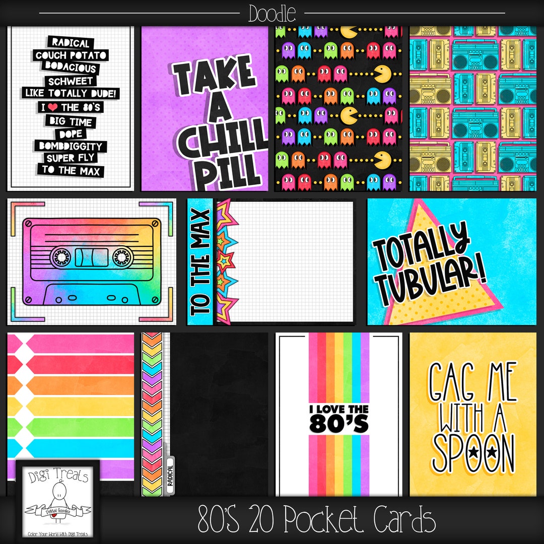 80's Doodle Digital Pocket Cards. 20 1980's Themed Doodle Pocket Cards ...