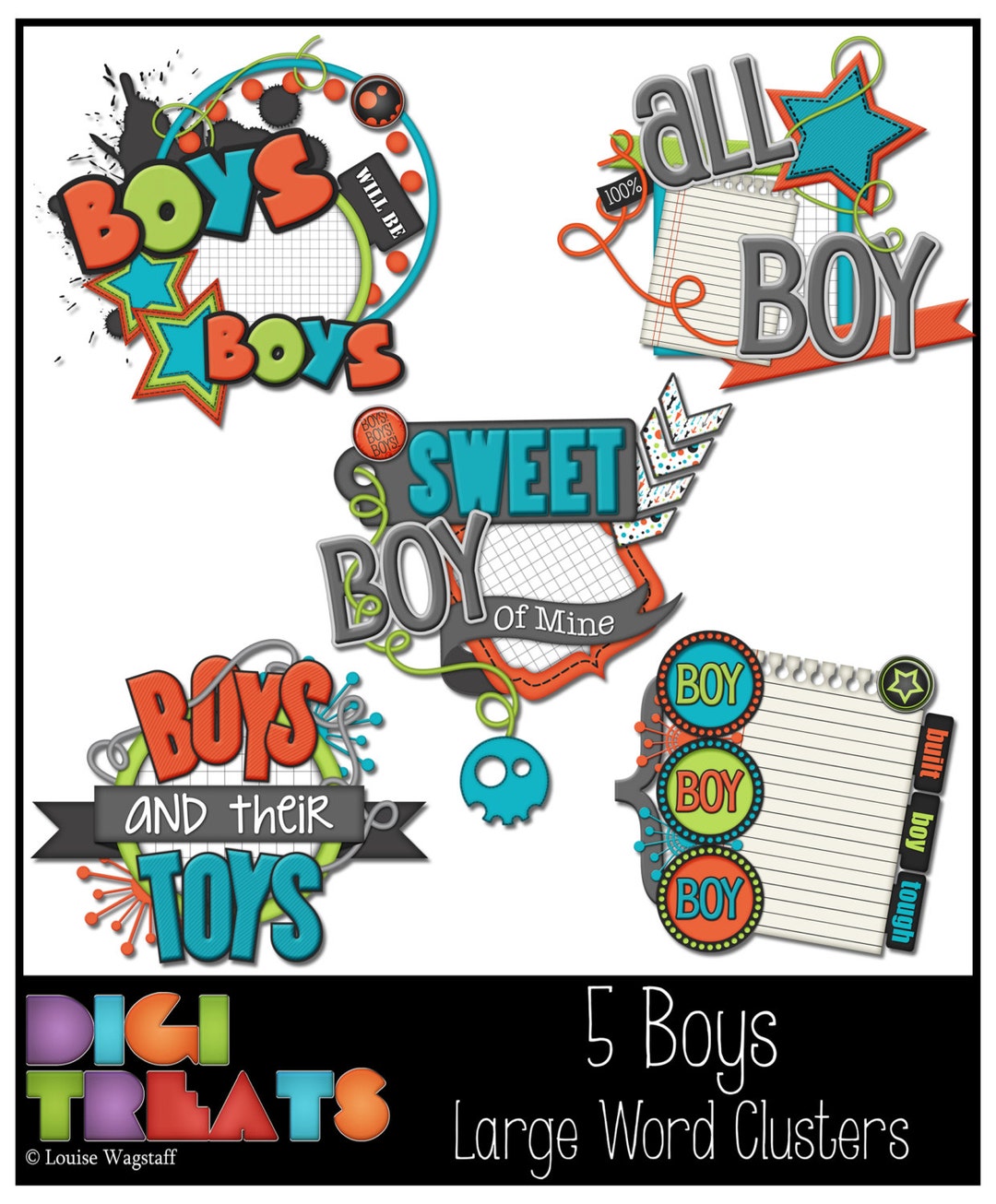 Boys Word Art Clusters, 5 Large Clip Art Clusters, Boys Themed ...