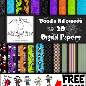 Doodle Halloween, Digital Scrapbook Paper, Cute Halloween Characters ...