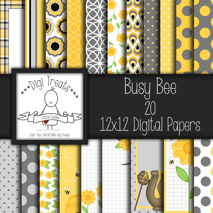 Busy Bee Digital scrapbook paper Bumble Bee Yellow Grey & | Etsy