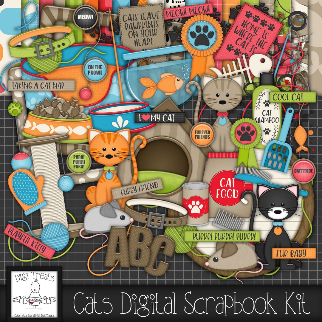 Cat Digital Scrapbook Kit. Cat Themed Scrapbook Kit, Digital Papers ...
