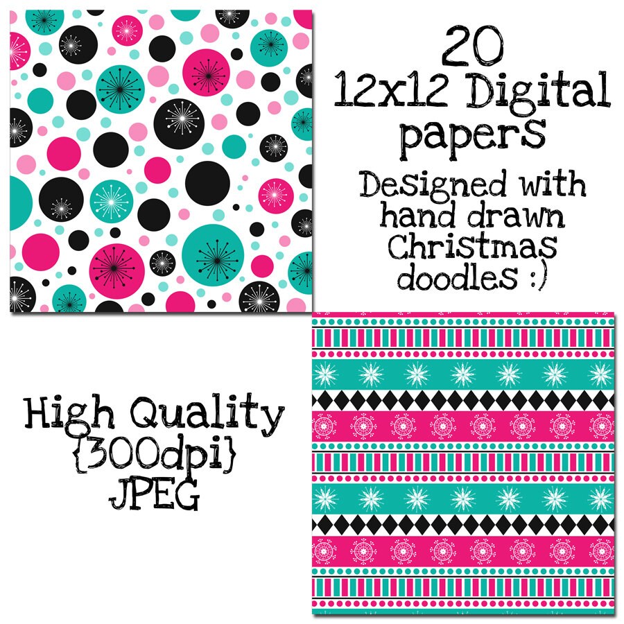 Merry Doodly Christmas Digital Scrapbook Paper 12x12 | Etsy