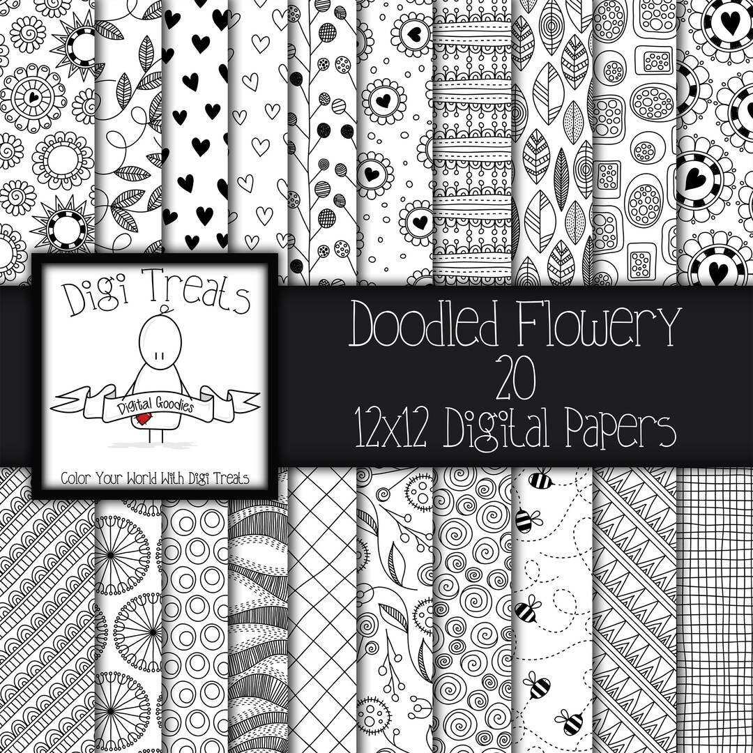 Doodled Flowery Digital Scrapbook Paper. Scrapbooking Papers, JPEG ...