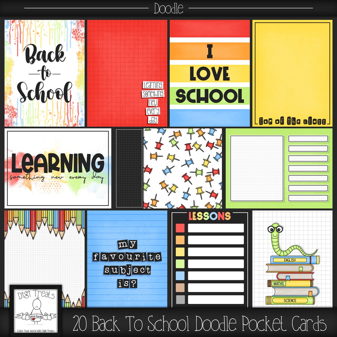 Back to School Doodle Digital Pocket Cards. 20 School Themed Doodle ...