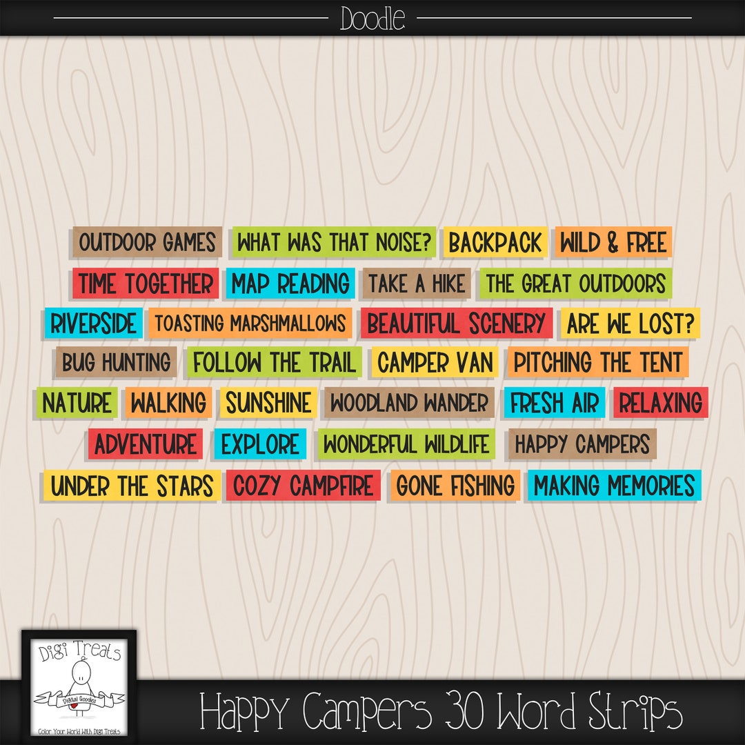 Happy Campers Doodle, 30 Digital PNG Word Strips Add On. INSTANT ...