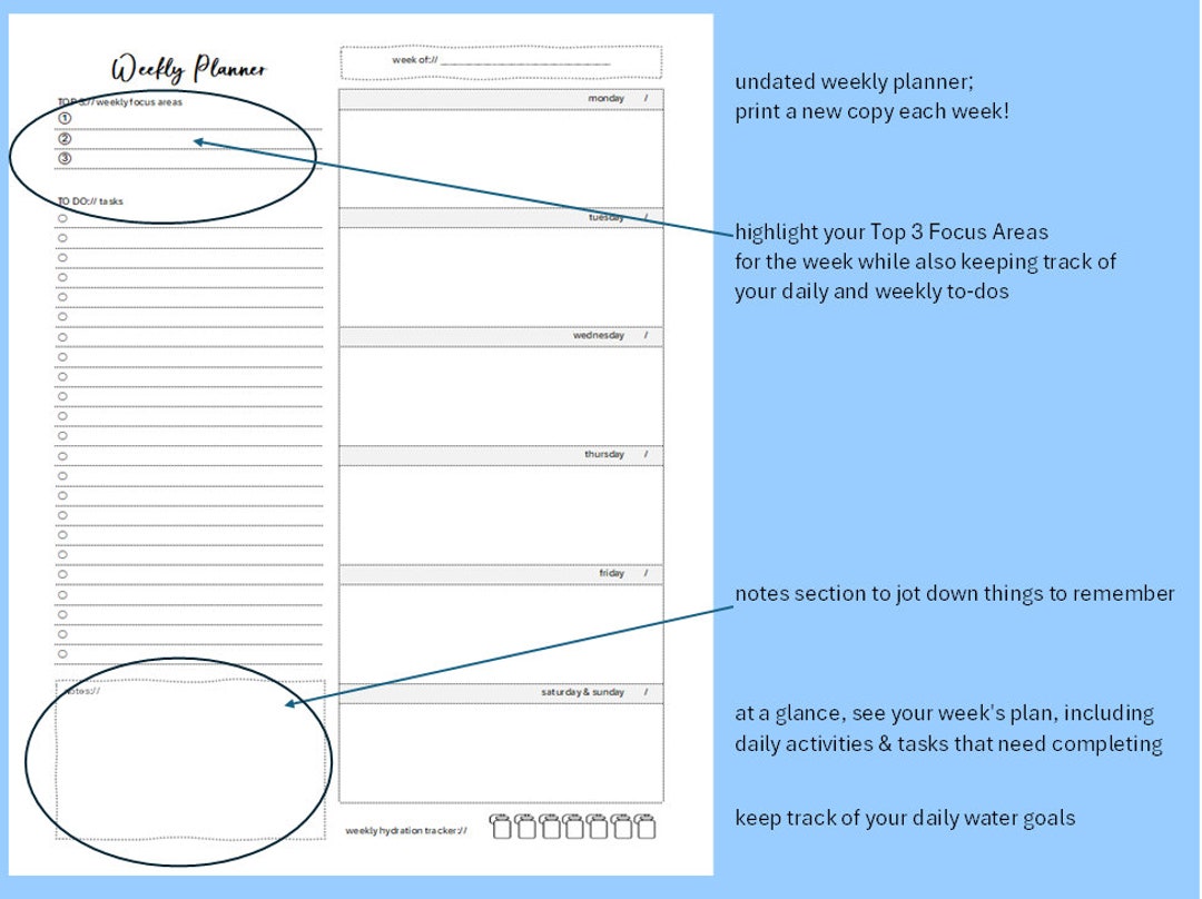 Weekly Planner Worksheet With Focus Areas, Daily Blocks, Appointment ...