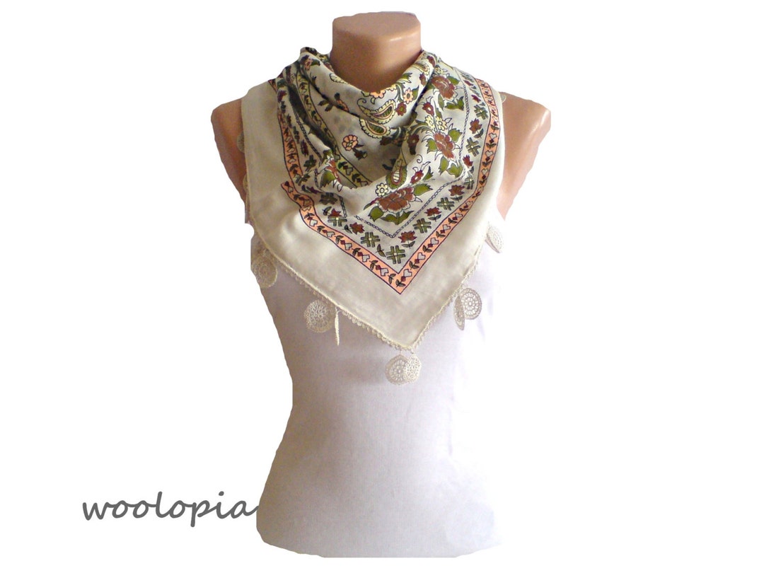 White Scarf With Handmade Crochet; Lace; Oya. . Ethnic Scarf. Turkish ...