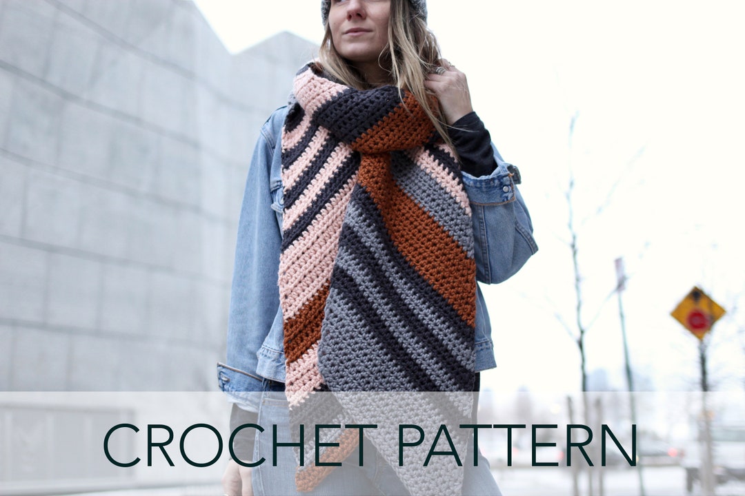 Crochet Pattern // Striped Diagonal Long Bias Scarf // Skyline Bias ...