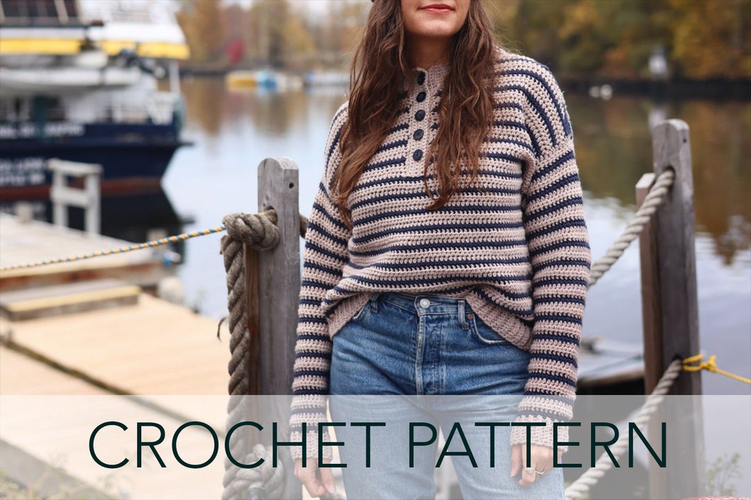 Crochet Pattern // Striped Henley Nautical Relaxed Fit Button Placket ...