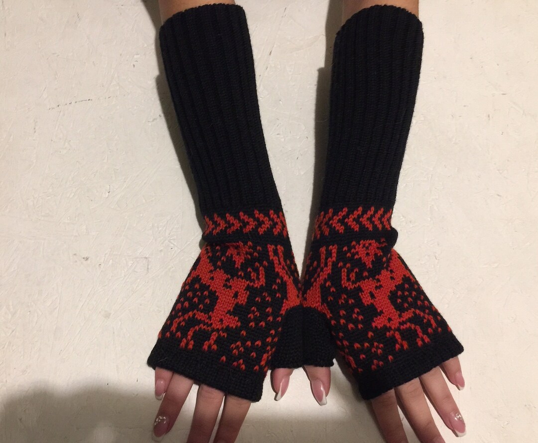 New! Women Gift, Black Women Fingerless, Deer Mittens, Knit Warmers ...
