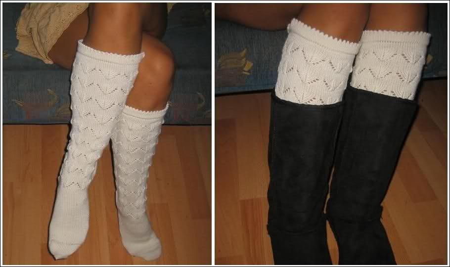 Knitted Lace Socks Knee Length White Warm With Ornaments Women Socks ...