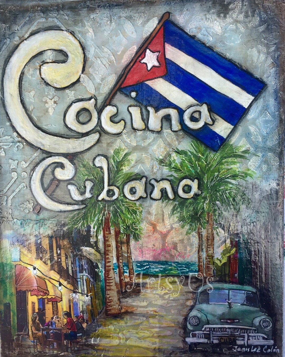 Cocina Cubana With Street Scene Original Mixed Media Acrylic Painting ...