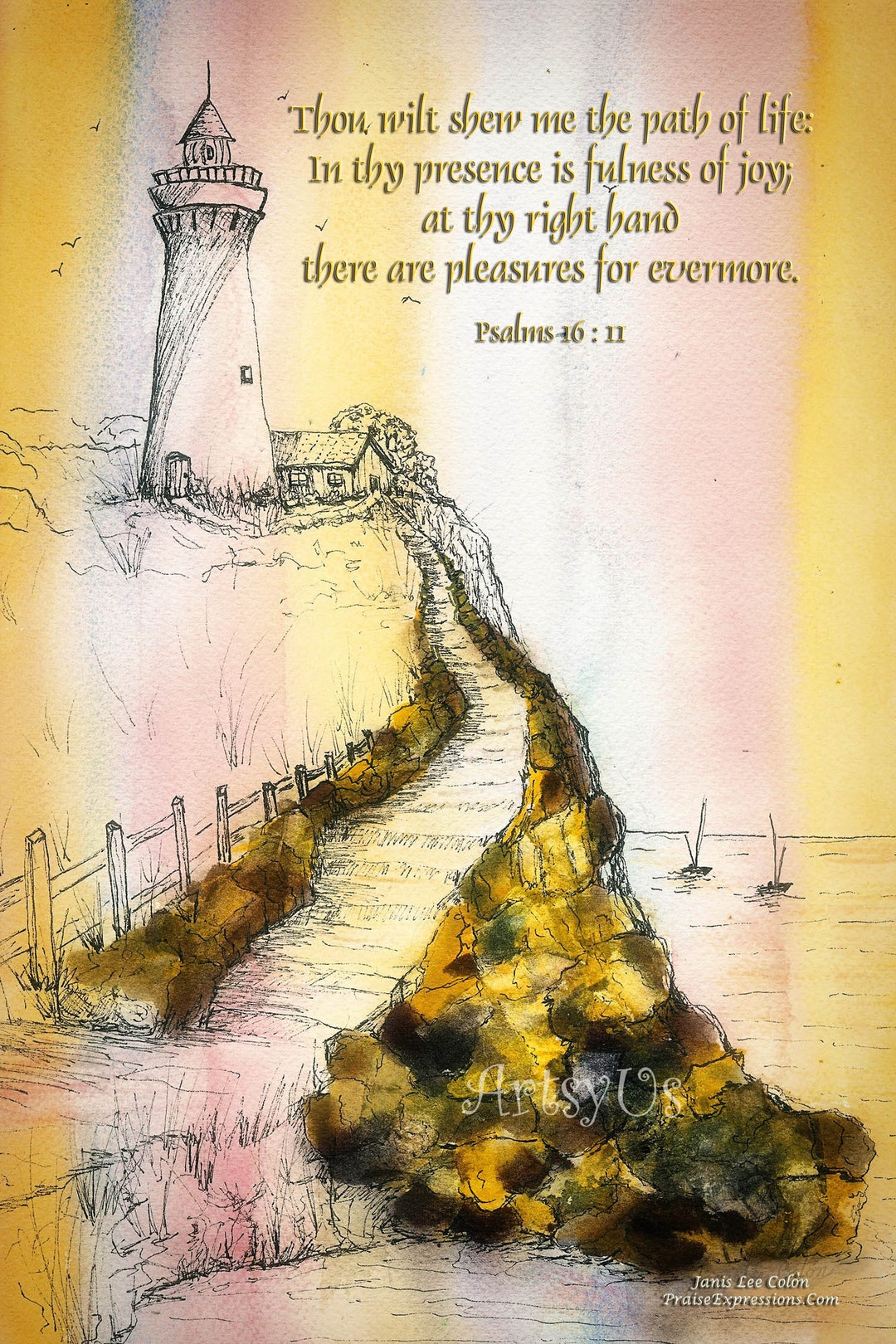 Lighthouse Watercolor Ink Psalm 16:11 Inspirational Art Poster 12"x18 ...