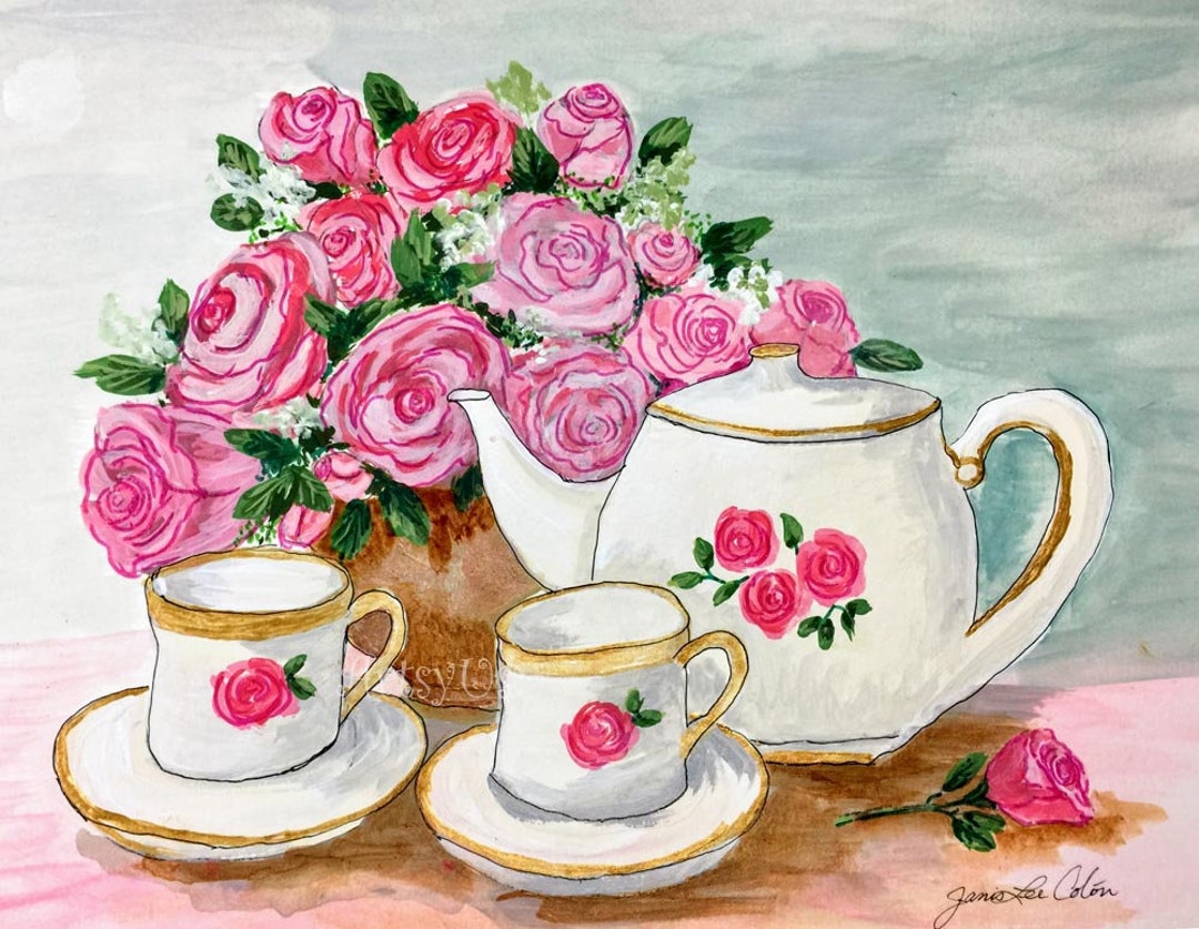 Tea Set With Pink Roses Print of Original Acrylic Painting - Etsy