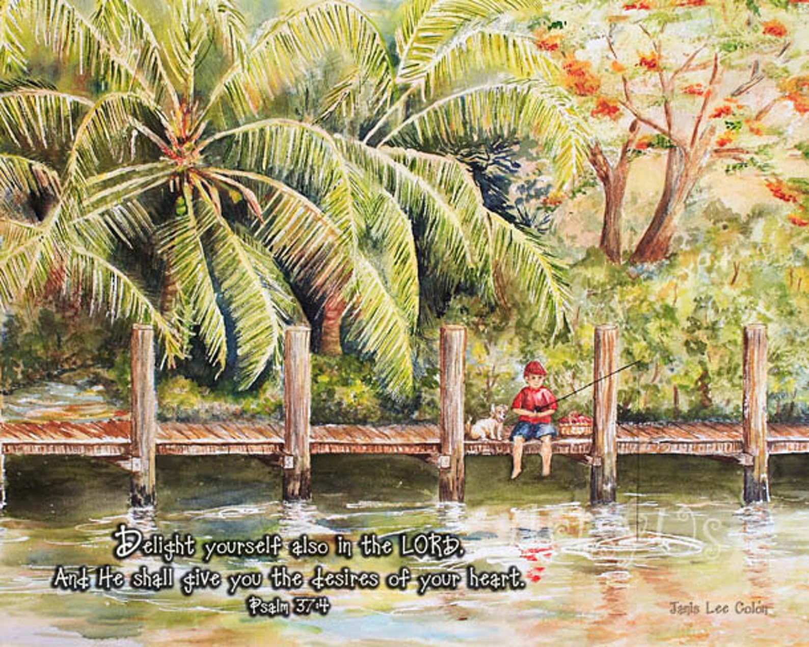 Boy Fishing With Dog Psalm 37 Inspirational Scripture Bible Print With ...