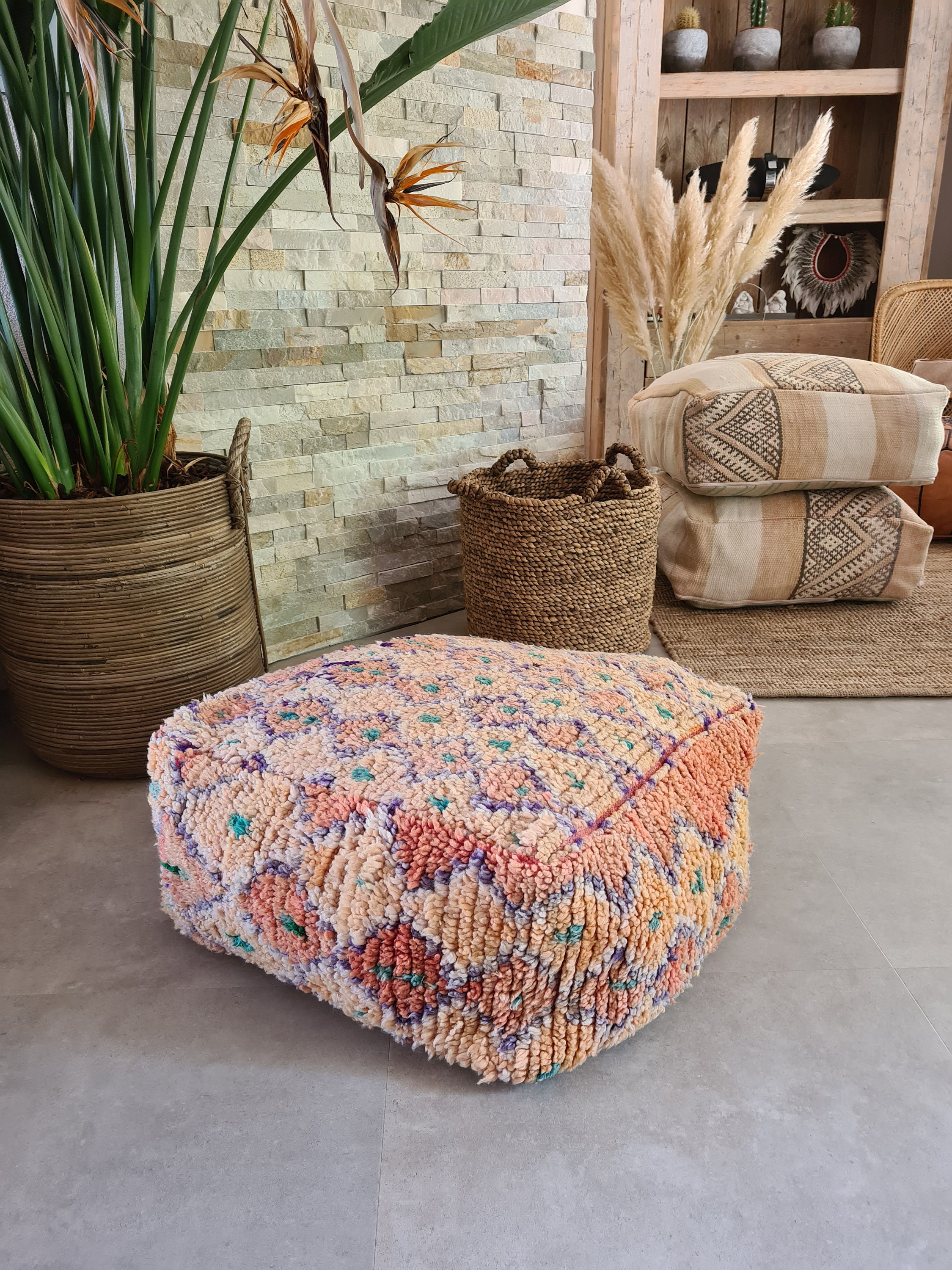 Moroccan kilim boujaad pouf Big floor pillow Handmade Moroccan poof 100 ...