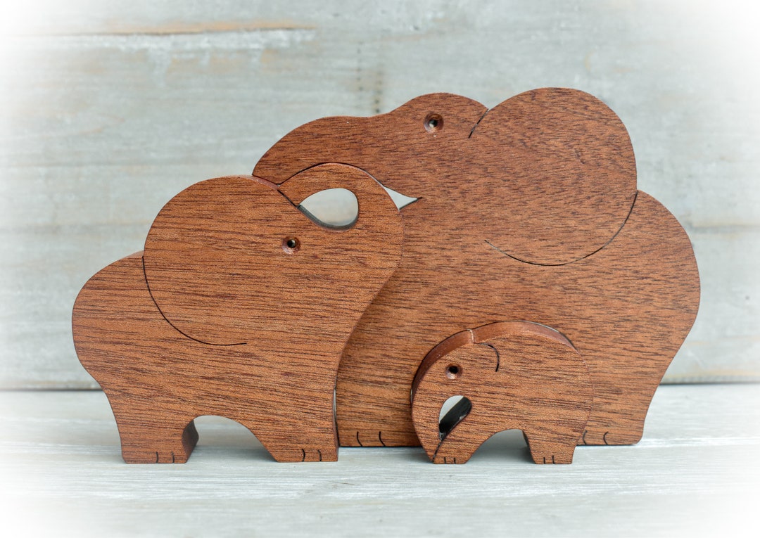 Handcrafted Wooden Elephant Family, Set of 3 Elephants in Sapele Wood ...
